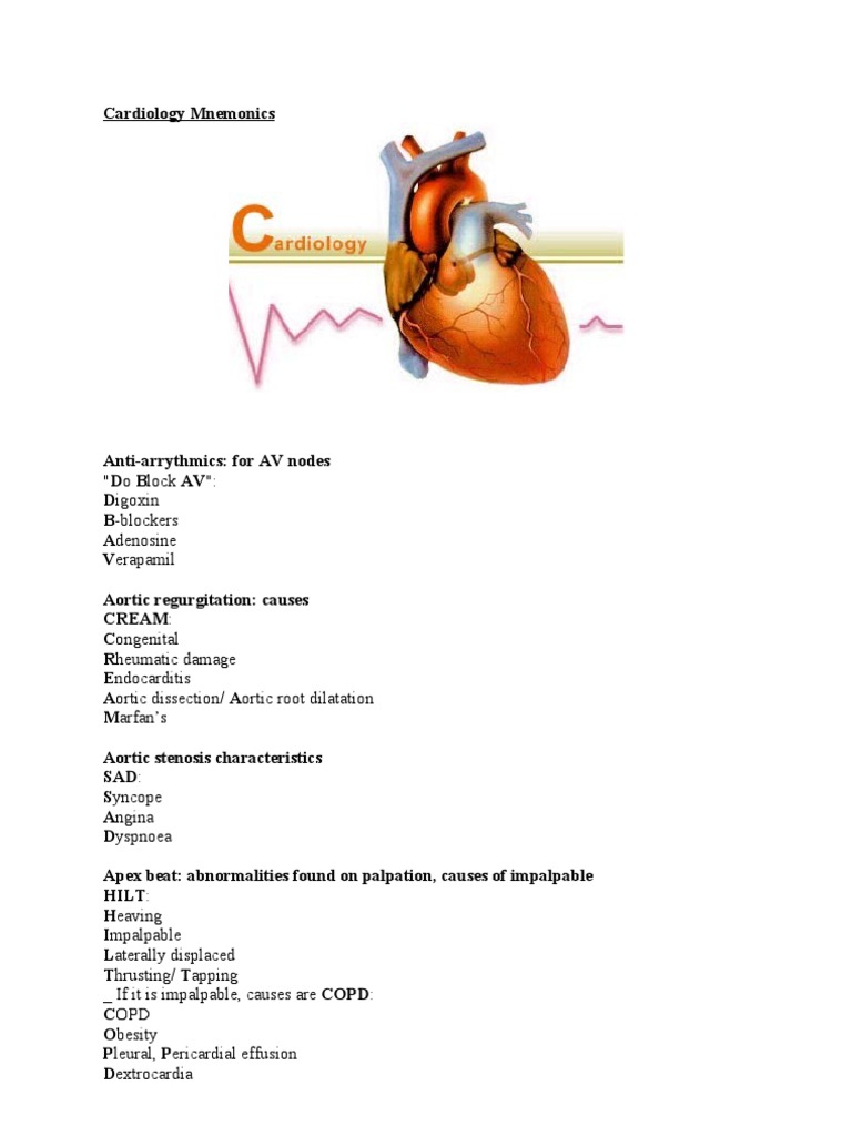 Cardiology Mnemonics Overview | PDF | Science & Mathematics