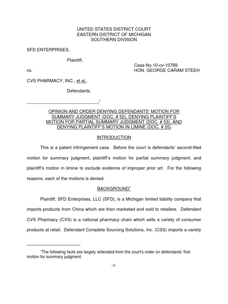 SFD v. CVS - Order Denying MSJ | PDF | Summary Judgment | Patent Law