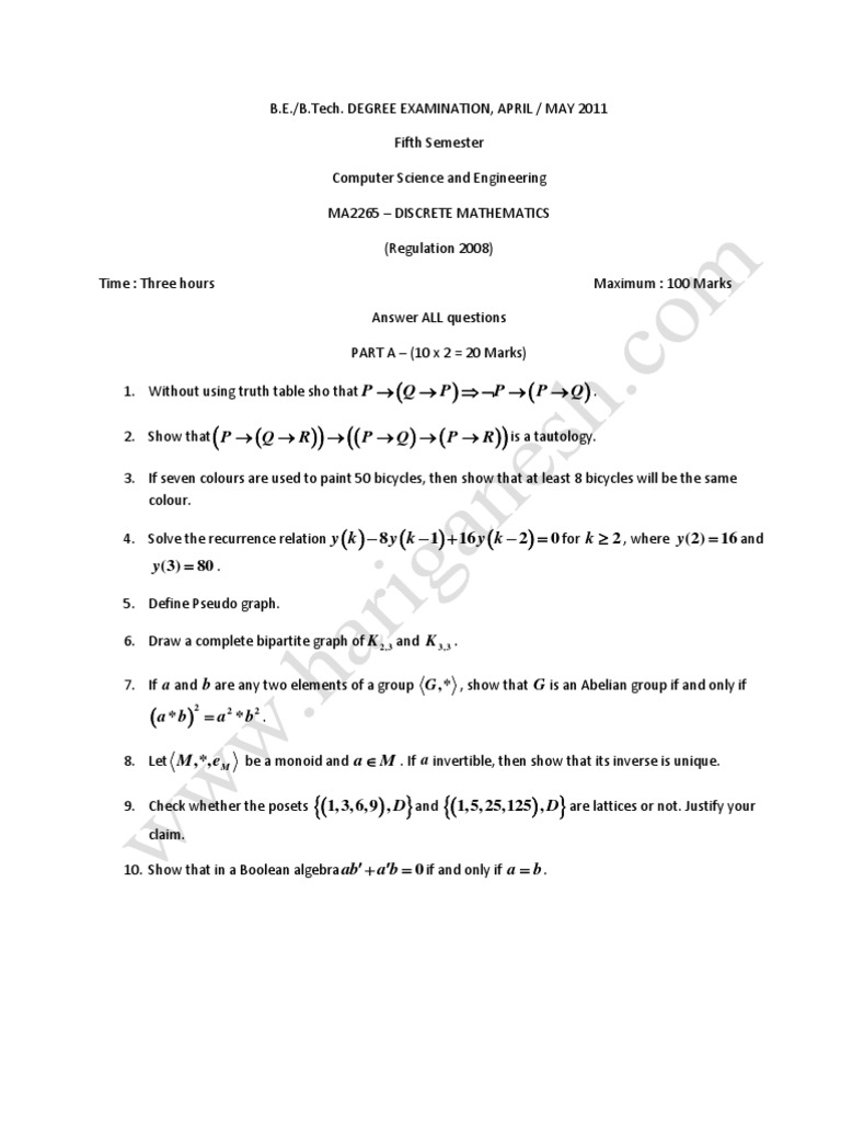 Discrete Mathematics Question Paper | PDF | Group (Mathematics ...