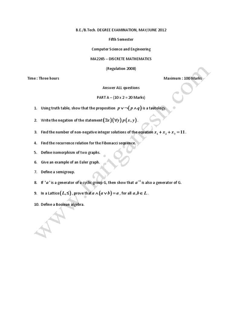 Discrete Mathematics Question Paper | PDF | Graph (Mathematics ...