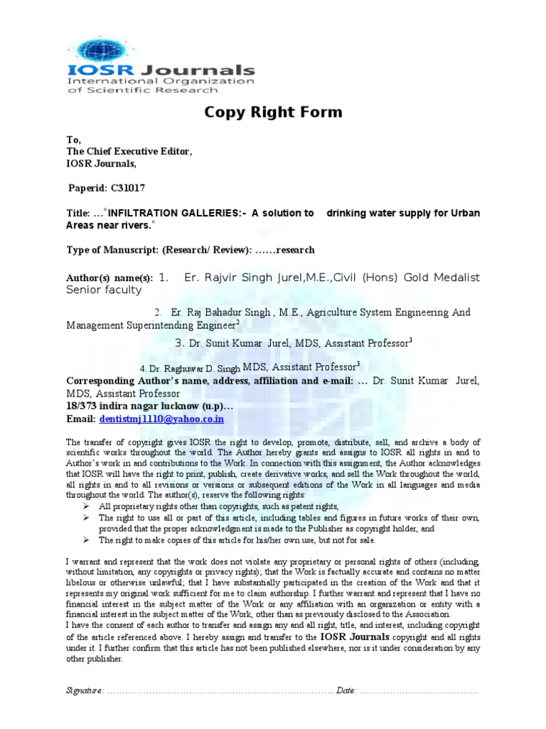 Copy Right Form: To, The Chief Executive Editor, IOSR Journals, Paperid ...