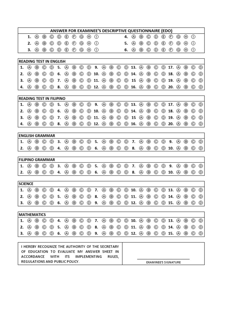 Deped Nat Answer Sheet g3 (Back) | PDF