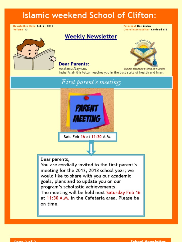 Islamic Weekend School of Clifton:: First Parent's Meeting | PDF