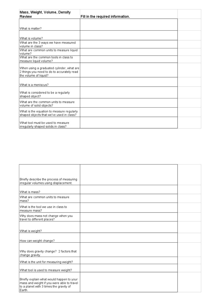 Mass Weight Volume Density Review - Sheet1 | PDF | Density | Weight