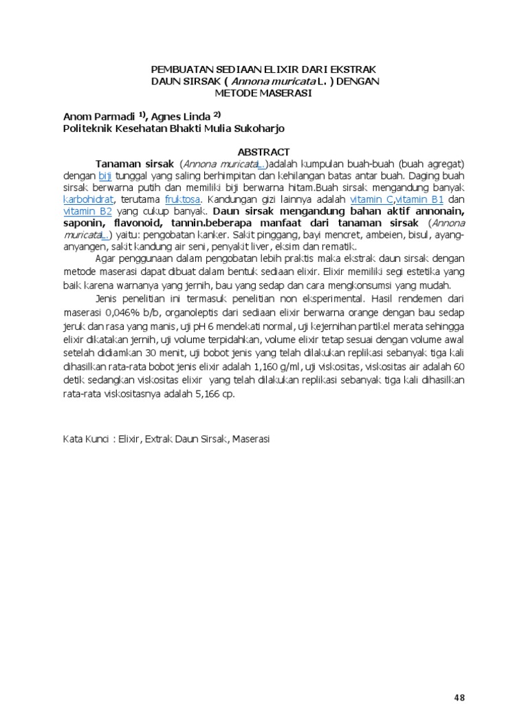 Pembuatan Sediaan Elixir Dari Ekstrak Daun Sirsak (Annona Muricata L ...