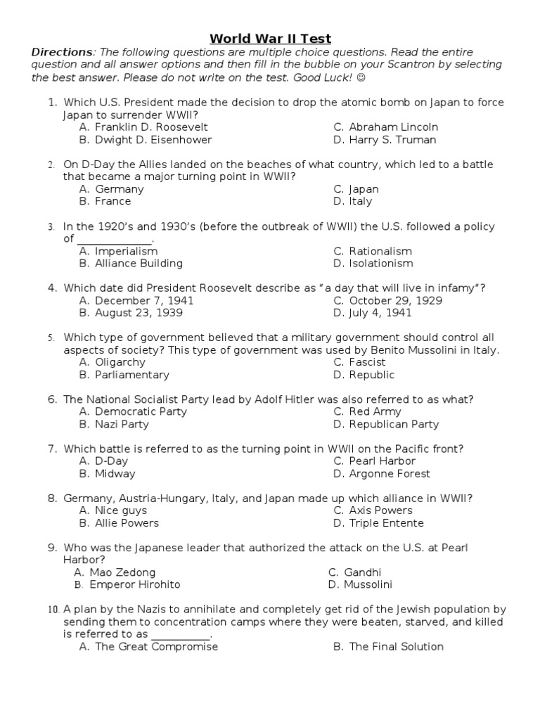 WWII Exam | PDF | World War II | Empire Of Japan