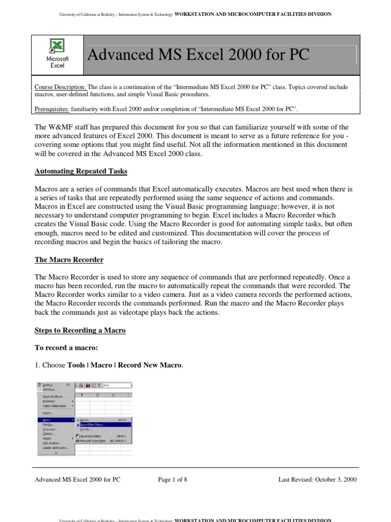 Advanced MS Excel 2000 For PC: Automating Repeated Tasks | PDF ...