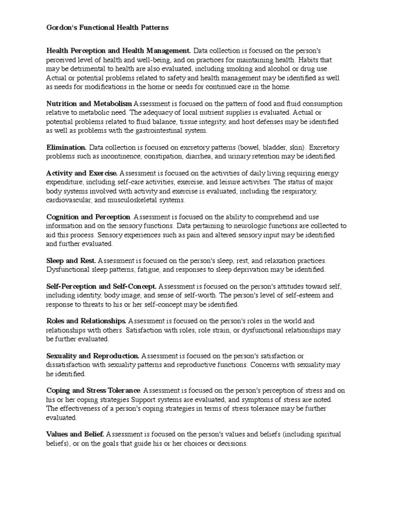 Gordon's Functional Health Patterns | PDF | Coping (Psychology ...