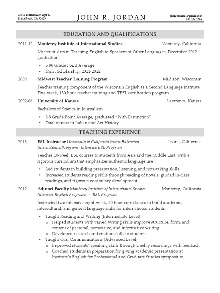 John Jordan CV | PDF | English As A Second Or Foreign Language ...