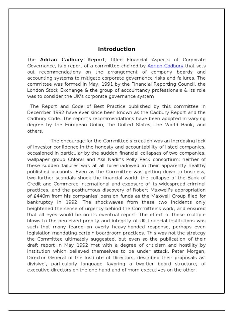 The Cadbury Report | PDF | Board Of Directors | Corporate Governance