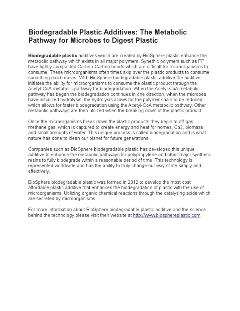 BioSphere Biodegradable Plastic Additive and The Metabolic Pathways. | PDF