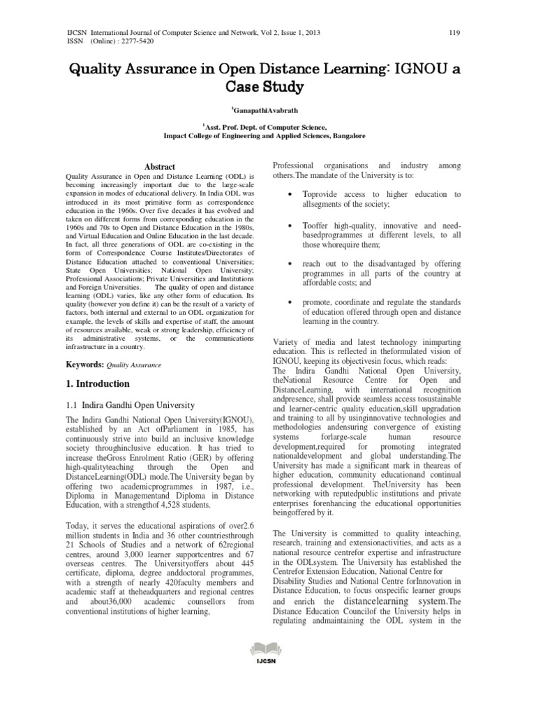 Quality Assurance in Open Distance Learning: IGNOU A Case Study | PDF ...