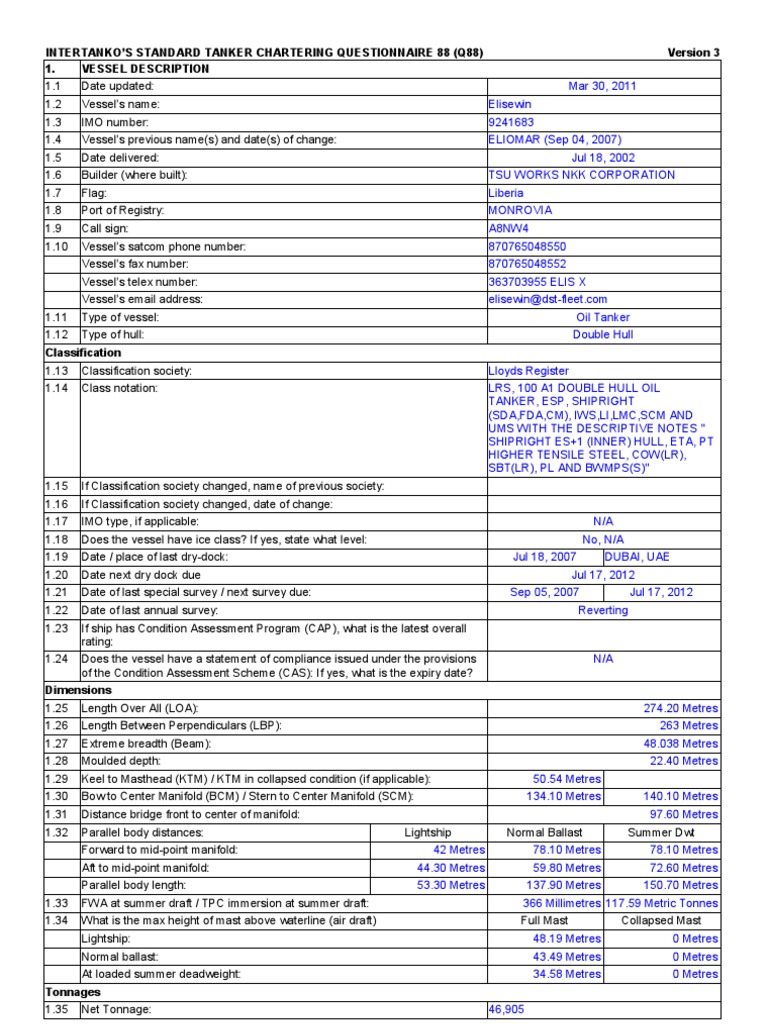 Elisewin Q88 | PDF | Tonnage | Oil Tanker