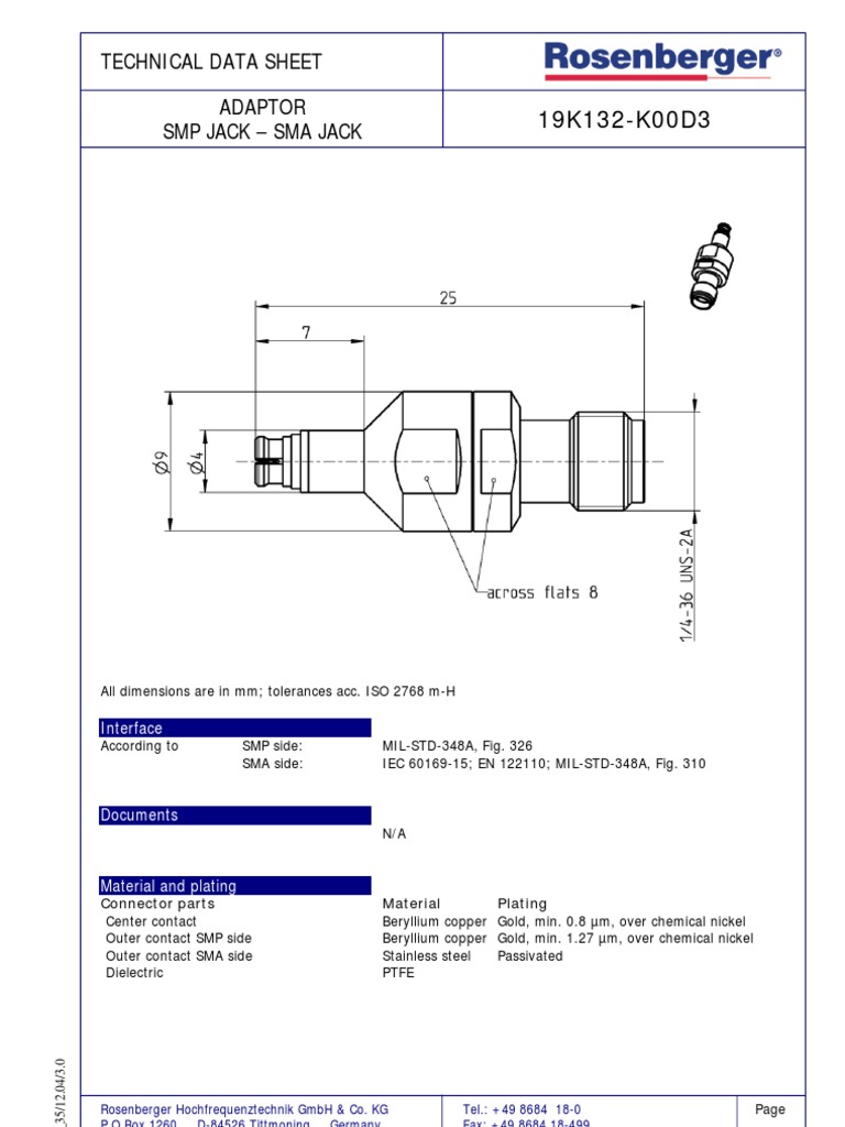 Rosenberger 19K132-K00D3 ADAPTOR SMP JACK - SMA JACK - TECHNICAL DATA ...