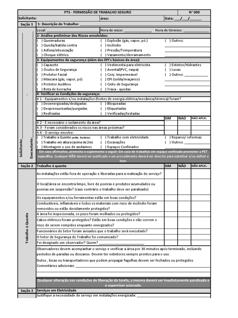 PTS - Permissão de Trabalho seguro | Eletricista | Eletricidade