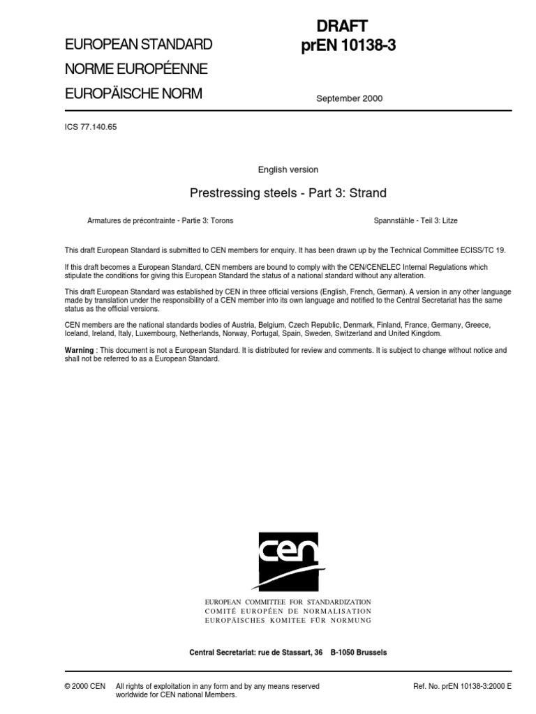 prEN 10138-3 2000 Prestressing Steels Part 3 Strand | PDF | Engineering ...