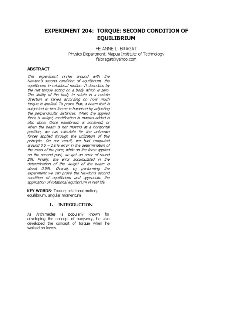 Experiment 204 Fe Anne | PDF | Torque | Weighing Scale