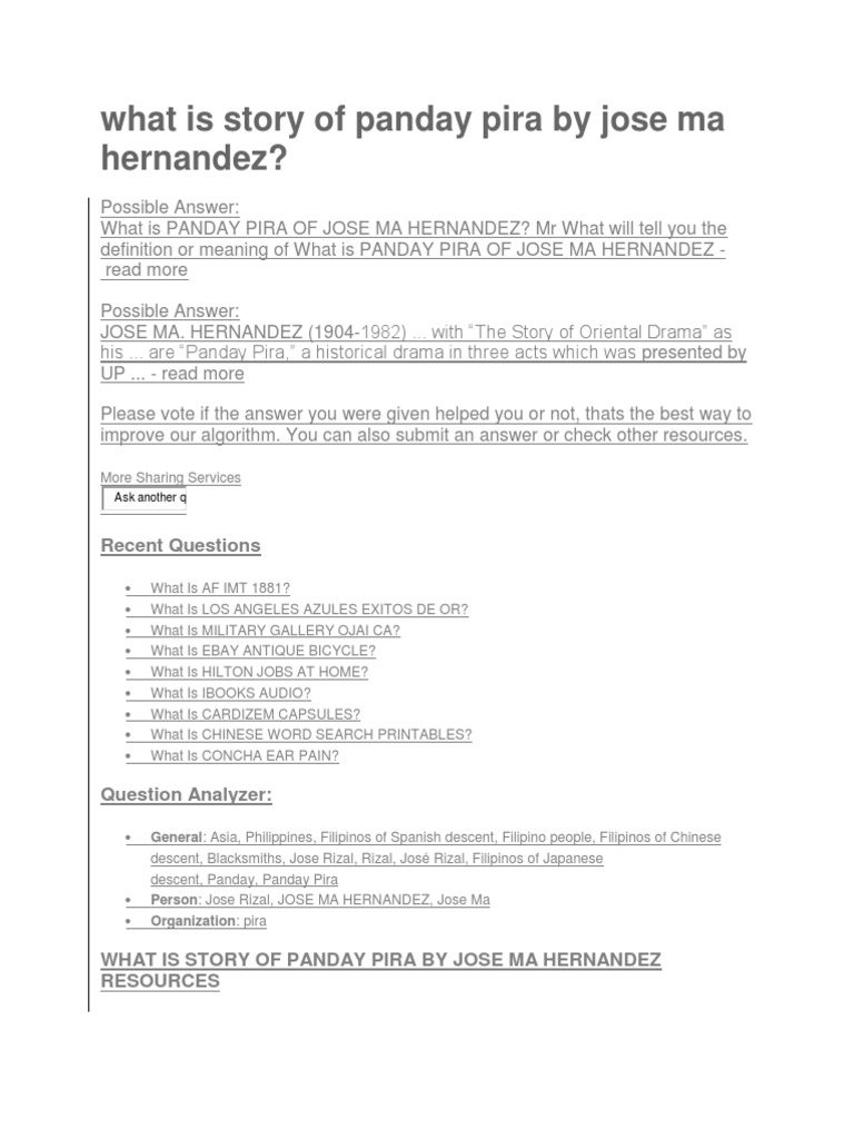 What Is Story of Panday Pira by Jose Ma Hernandez | PDF | Philippines
