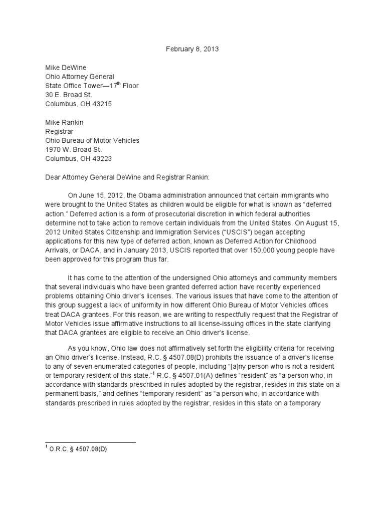 DACA Ohio BMV Letter 2.8.13 | PDF | Deferred Action For Childhood ...