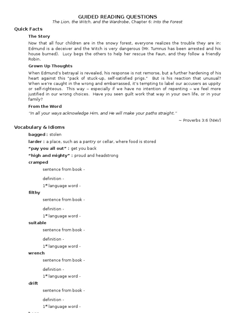 The Lion, The Witch & The Wardrobe, Chapter 6 - Guided Reading ...