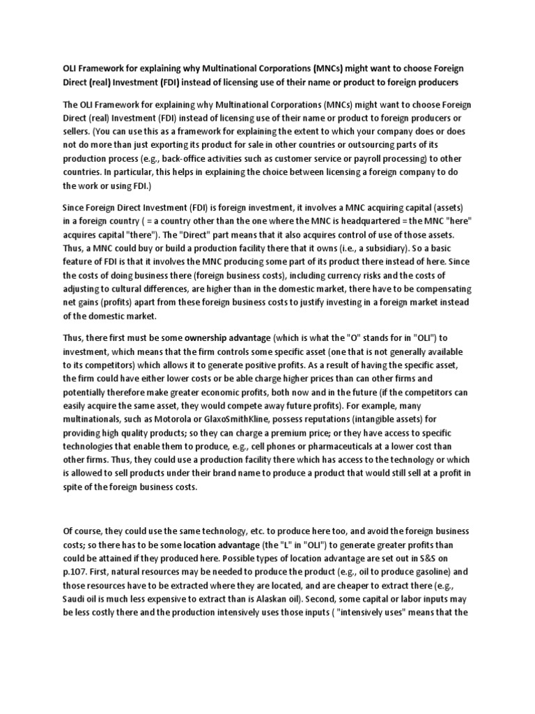 OLI Framework | PDF | Foreign Direct Investment | Multinational Corporation