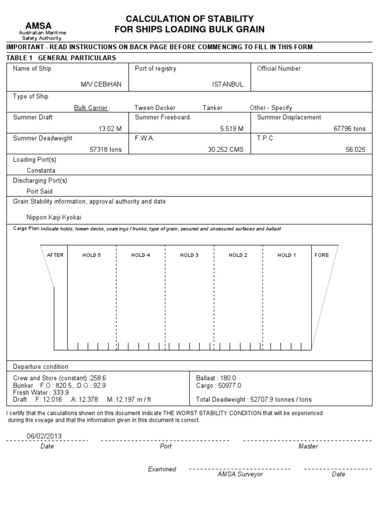 Grain AMSA Form | Ships | Cargo