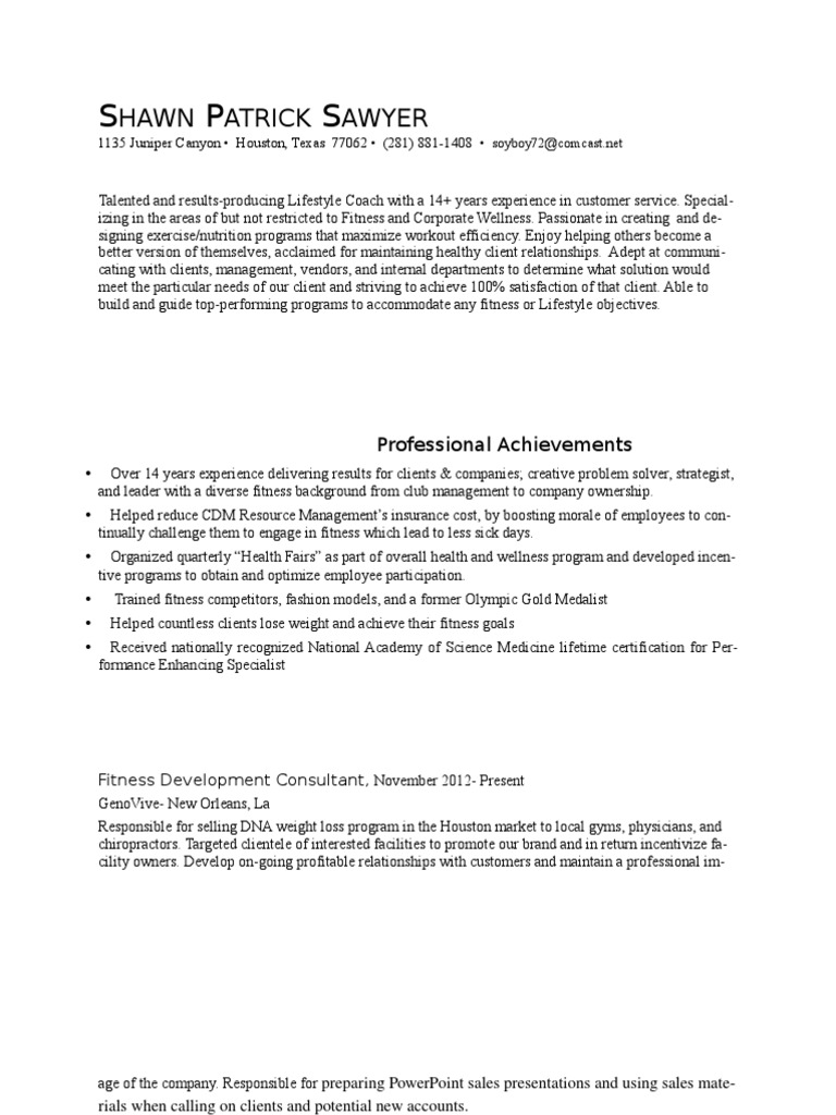 Shawn Sawyer's Resume | PDF | Personal Trainer | Physical Fitness