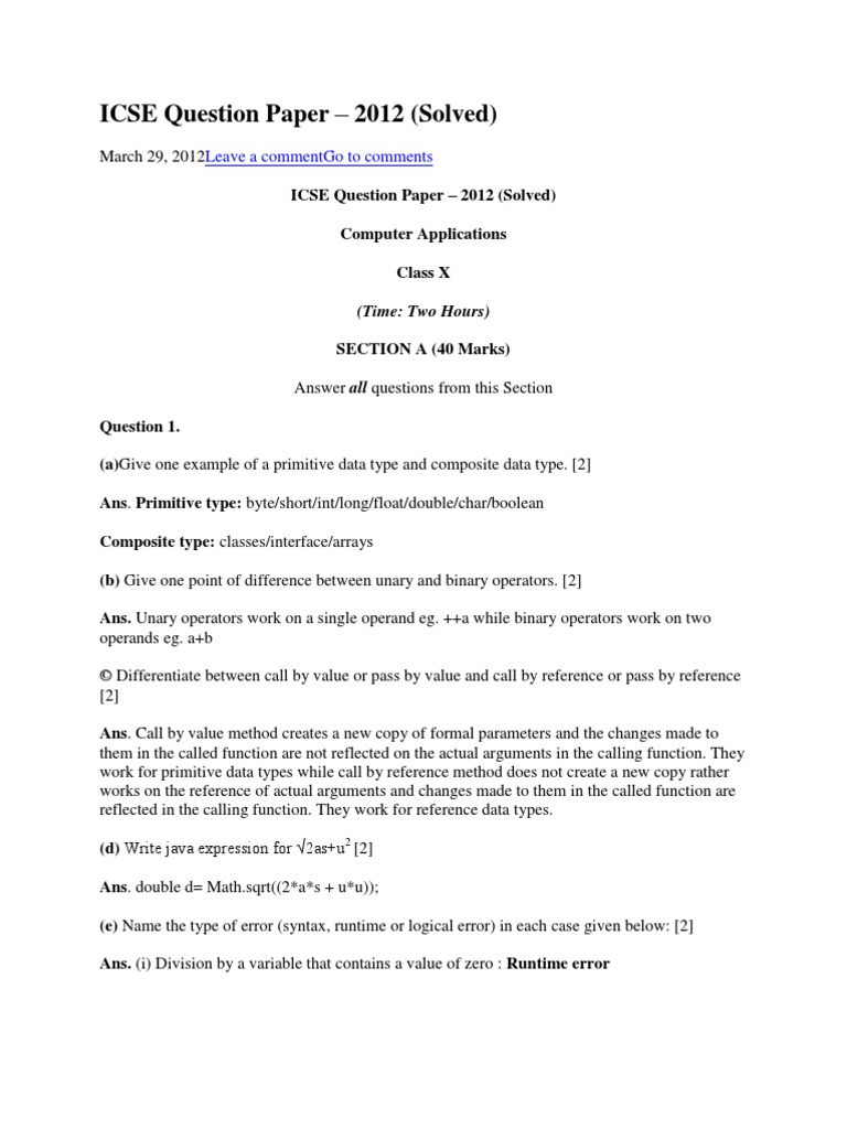 ICSE Question Paper Computer Application 2012 | PDF | Data Type | Array Data Structure