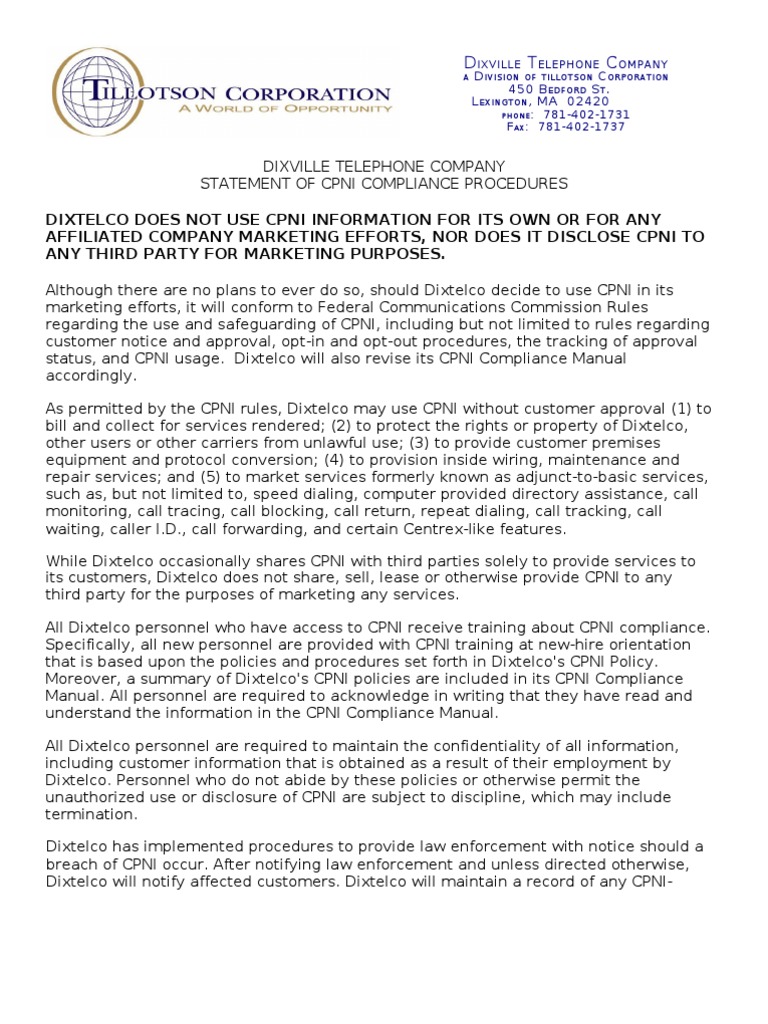 Dixtelco 809726 CPNI Statement For 2-08-13 Online Certification | PDF ...