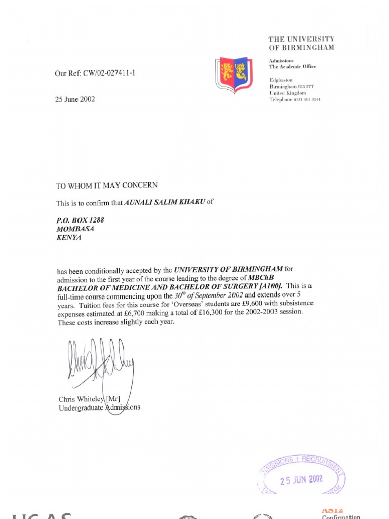 Aunali Khaku University of Birmingham Acceptance Letter | PDF