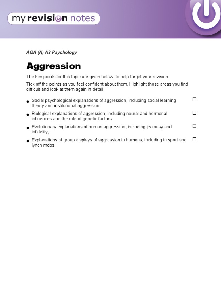 AQA A2 Psychology: Aggression Guide | PDF | Aggression | Cognitive Science
