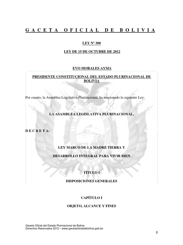 Ley 300 Ley Marco de La Madre Tierra y Desarrollo Integral para Vivir Bien | PDF | Bolivia ...