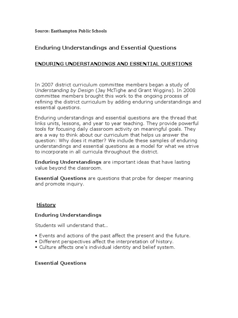 Enduring Understandings and Essential Questions For Social Studies ...