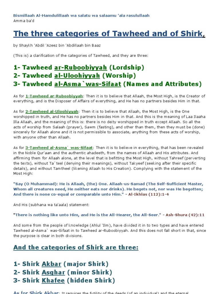 The Three Categories of Tawheed and of Shirk | PDF | Tawhid | Islamic ...