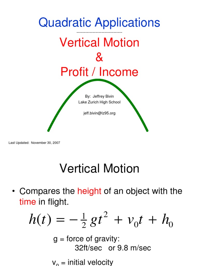Quadratic Applications: Vertical Motion & Profit / Income | Download ...