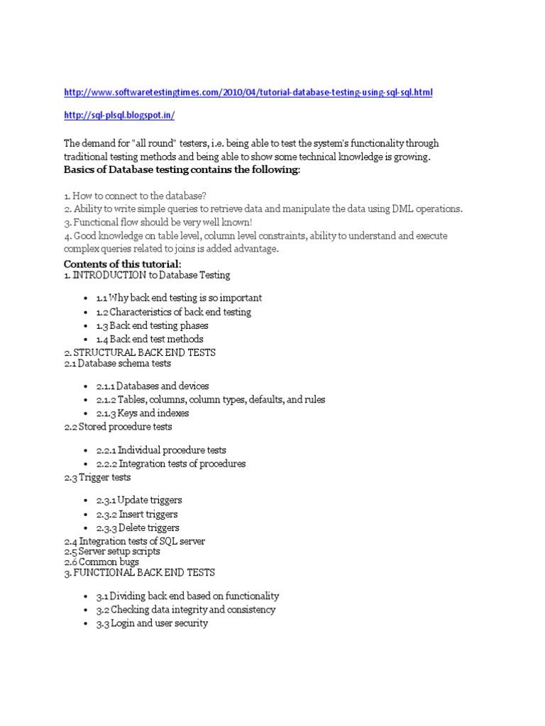 Basics of Database Testing Contains The Following | PDF | Databases | Sql