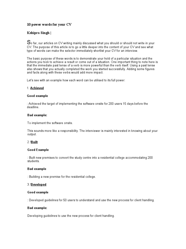 Power Words to Enhance Your CV | PDF | Retail | Business