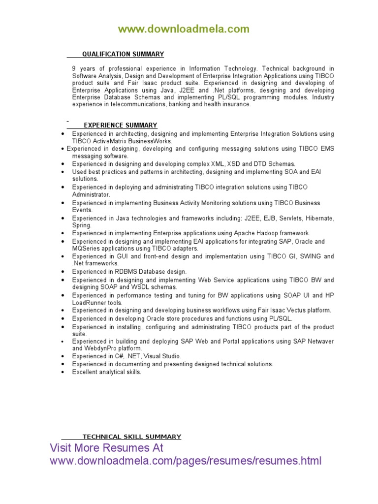 Tibco 9 Years of Experience Resume | PDF | Net Beans | Applications ...