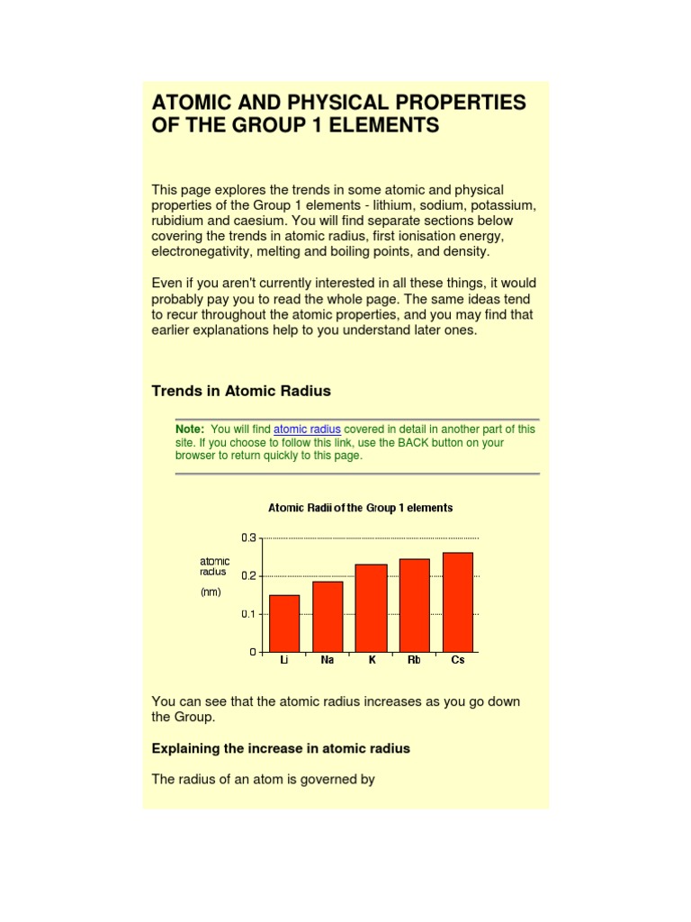 Atomic and Physical Properties of The Group 1 Elements | PDF | Chemical ...