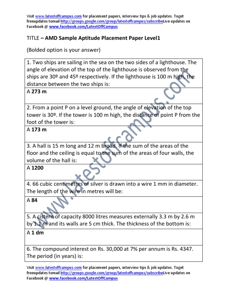 AMD Sample Aptitude Placement Paper Level1 | PDF | Compound Interest | Speed