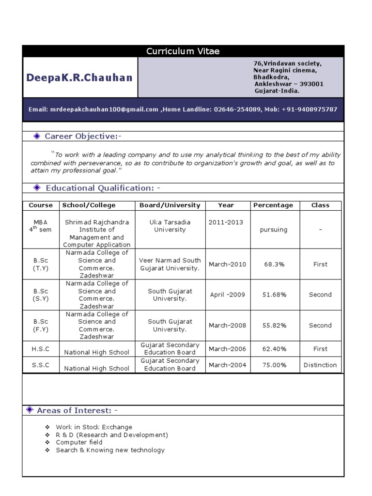 Deepak.R.Chauhan: Curriculum Vitae | PDF | Secondary School | Cognition