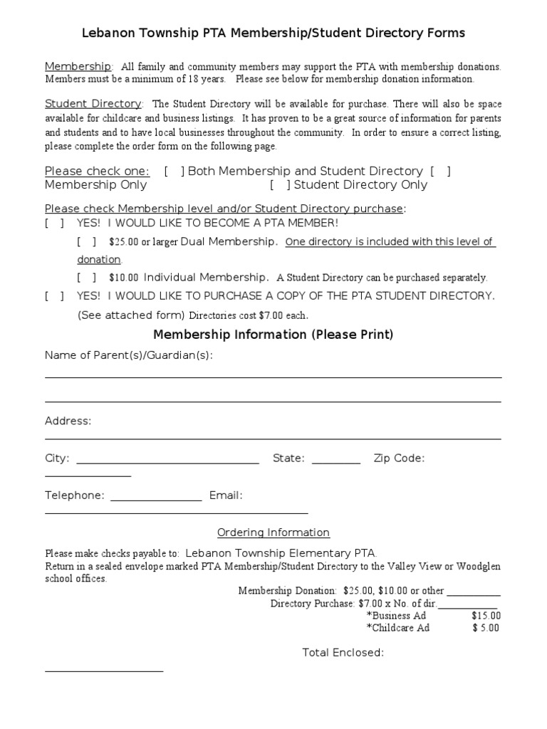 PTA Membership-Directory Forms | Download Free PDF | Communication ...