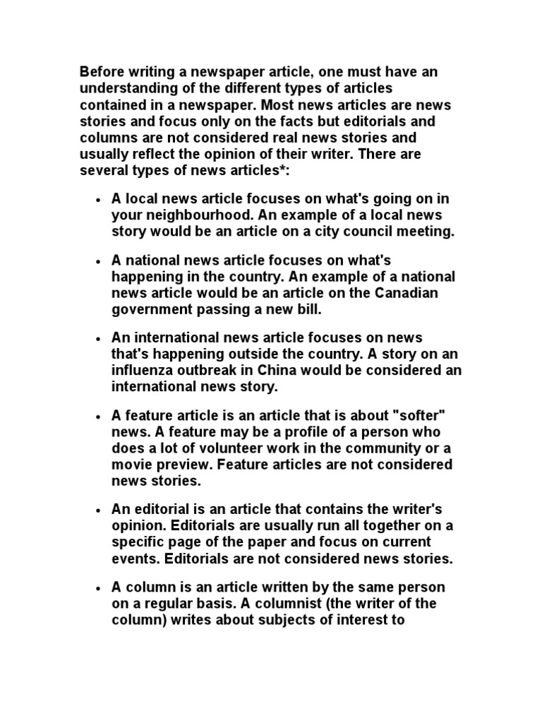 Types of Newspaper Articles Definition | PDF | Adverb | News