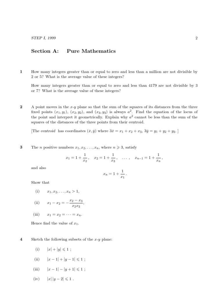 STEP I Mathematics Past Paper 1999 | PDF