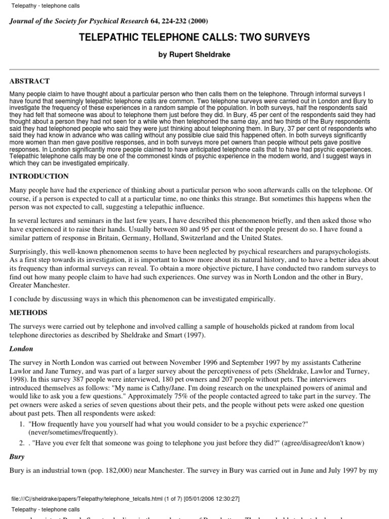 Telepathic Telephone Calls: Two Surveys: by Rupert Sheldrake | PDF ...
