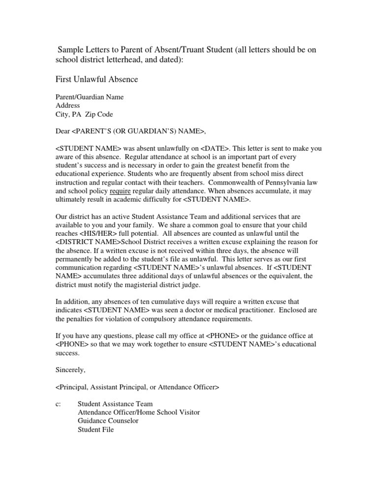 Letters To Parent of Absent Student Final 7 06 PDF | PDF | Fine ...