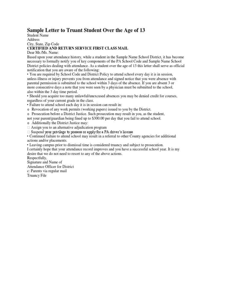 Sample Letter To Truant Student Over The Age of 13 | PDF | Career & Growth