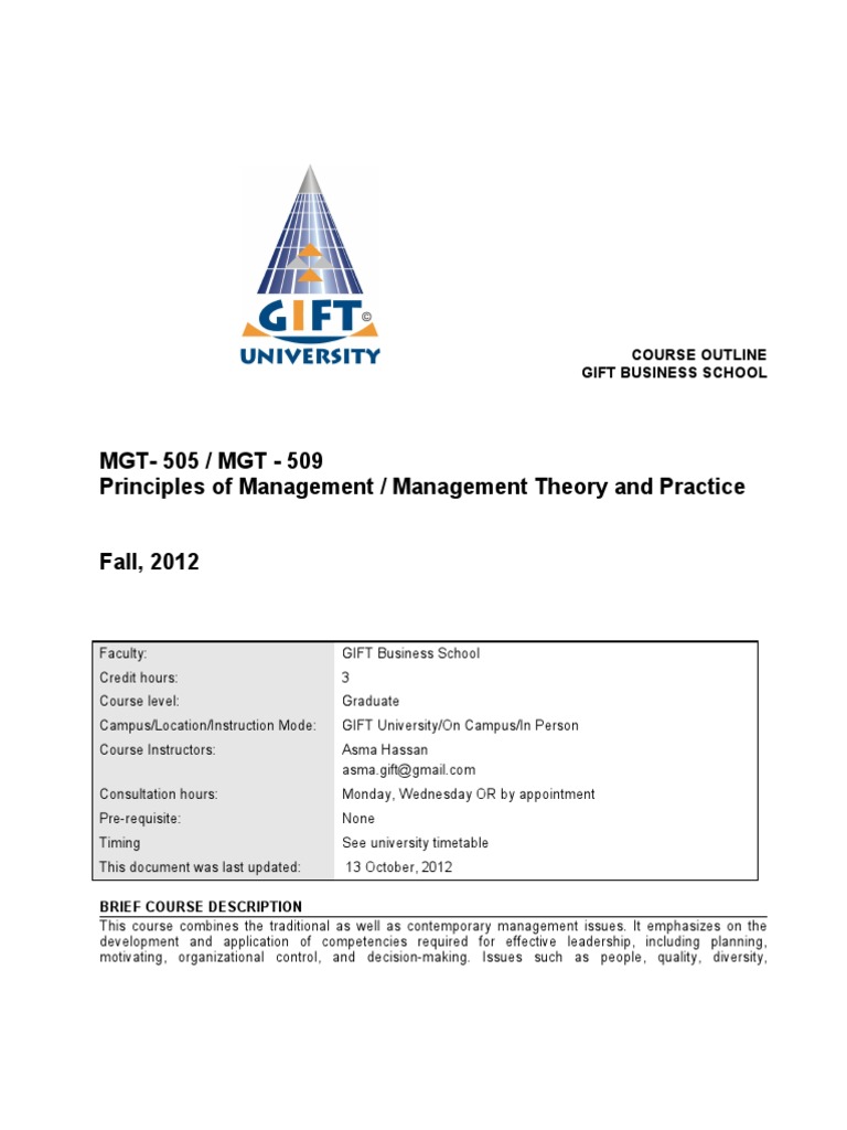 Principles of Management Course Outline | PDF | Test (Assessment ...