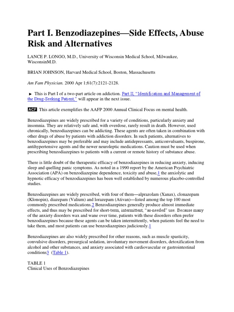 Part I. Benzodiazepines-Side Effects, Abuse Risk and Alternatives | PDF ...
