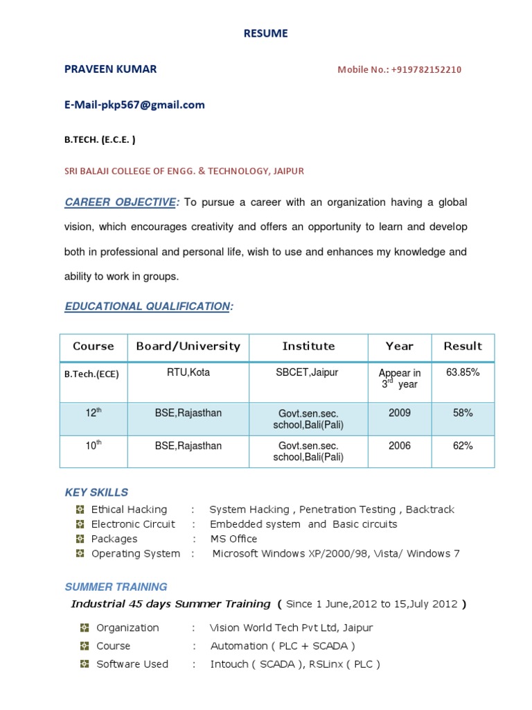 Resume Praveen Kumar: B.TECH. (E.C.E.) | PDF